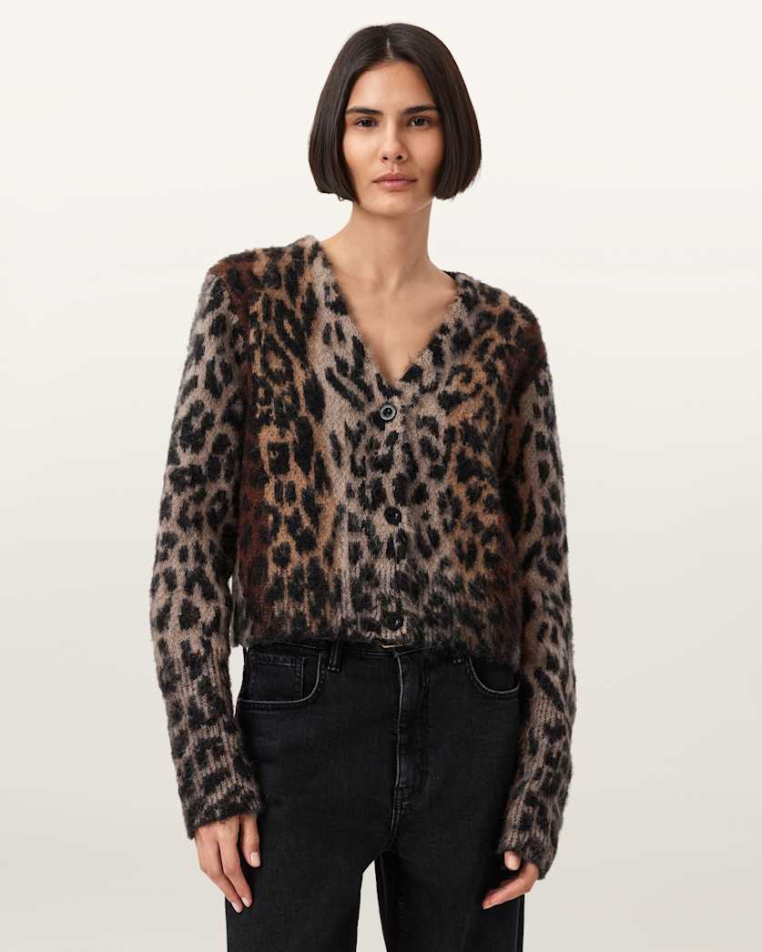 Wick Leopard Jacquard Cropped Cardigan LEOPARD BROWN | ALLSAINTS